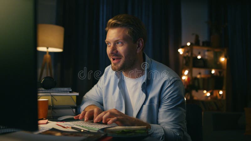 Angry Man Arguing Computer Evening Home Closeup. Guy Screaming Watching ...