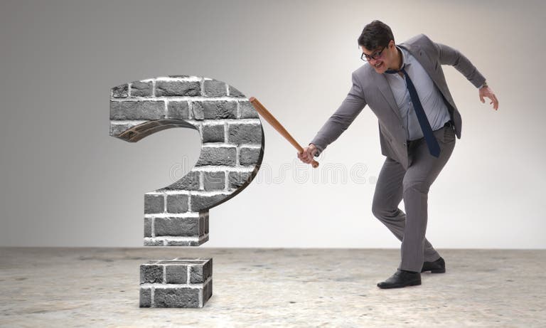 The Angry Man with Baseball Bat Hitting Question Mark Stock Photo ...