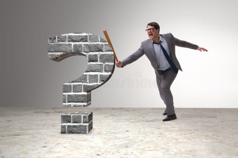 The Angry Man with Baseball Bat Hitting Question Mark Stock Photo ...