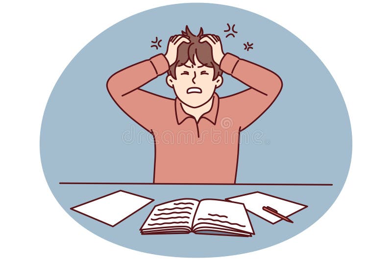 Angry Man Clutching Head Sitting at Table with Workbooks Suffering from ...