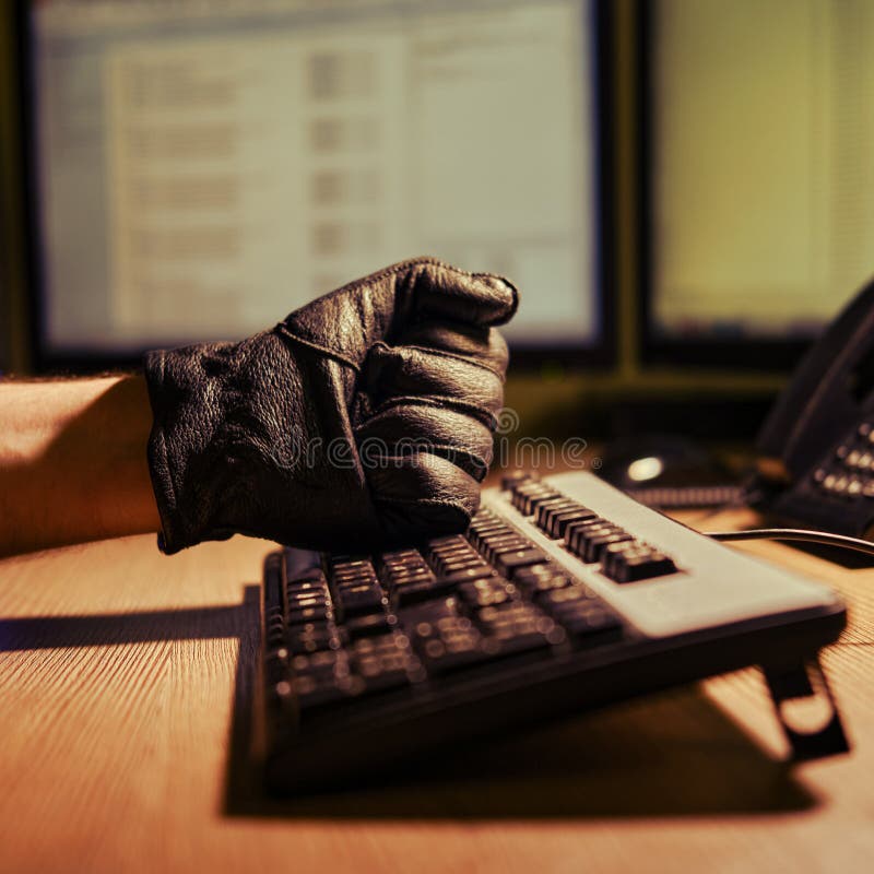 Angry Man Hacker in Black Gloves on His Hands Working on a Computer ...