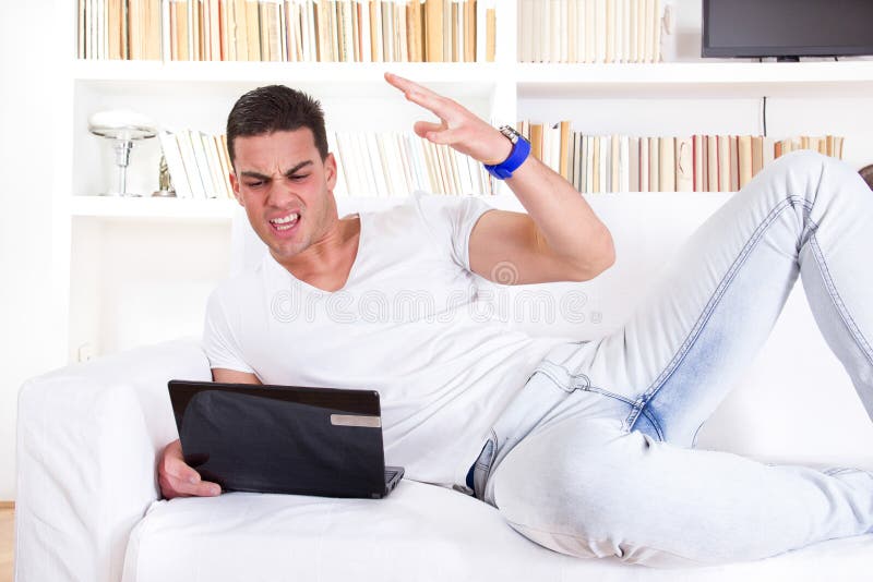 Angry Man Having Troubles with Laptop Computer Stock Photo - Image of ...