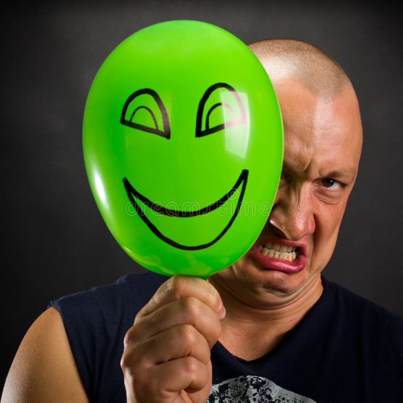 Angry Man Hiding Behind Happy Balloon Stock Photo - Image of characters ...