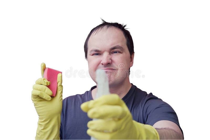 Angry Man Janitor Yellow Gloves Studio Red Background Stock Photos ...