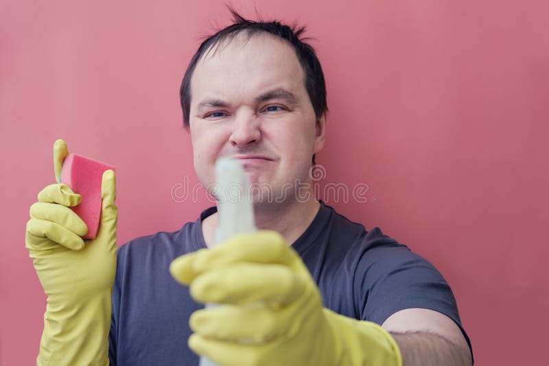Angry Man Janitor Yellow Gloves Studio Red Background Stock Photos ...