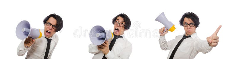 Angry Man with Loudspeaker Isolated on White Stock Image - Image of ...
