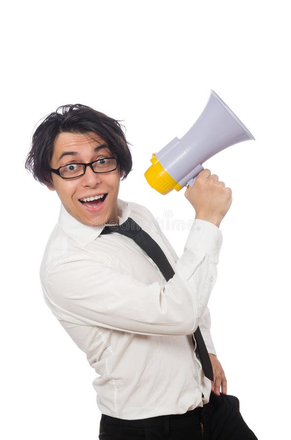 Man with Loudspeaker Isolated on White Stock Photo - Image of ...