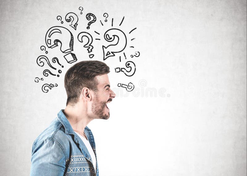 Angry Man Shouting, Question Marks Stock Photo - Image of mock, people ...