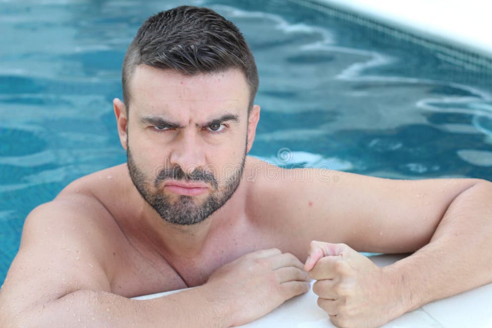 Angry man in swimming pool stock photo. Image of heat - 193702936
