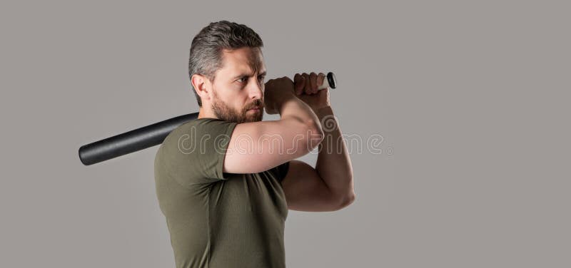 Angry Man Threatening, Copy Space. Angry Man Express Anger with Bat ...