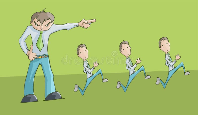 Angry Man Upset Pointing To the Left and 3 Employees Running. Stock ...