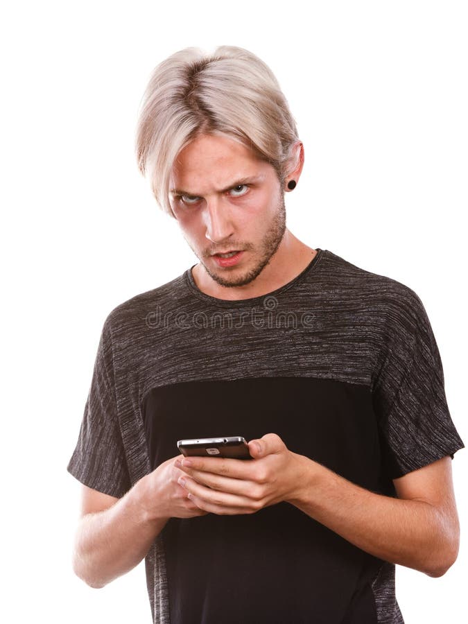 Angry Man Using Mobile Phone Read Message Stock Photo - Image of online ...