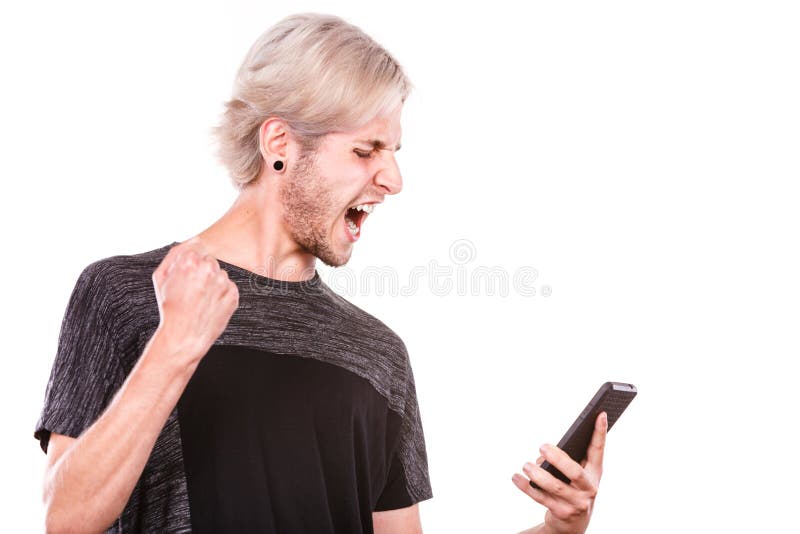 Angry Man Using Mobile Phone Read Message Stock Image - Image of ...