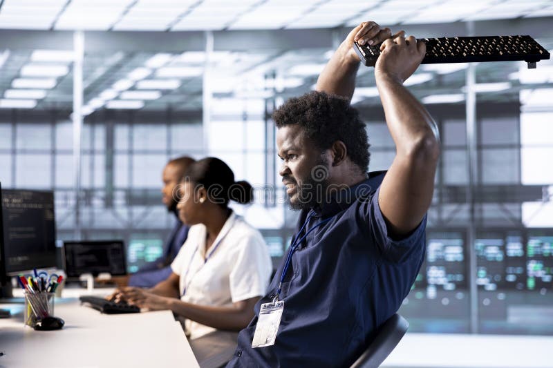Angry Man Working in Server Farm, Raging after Seeing Equipment Broking ...