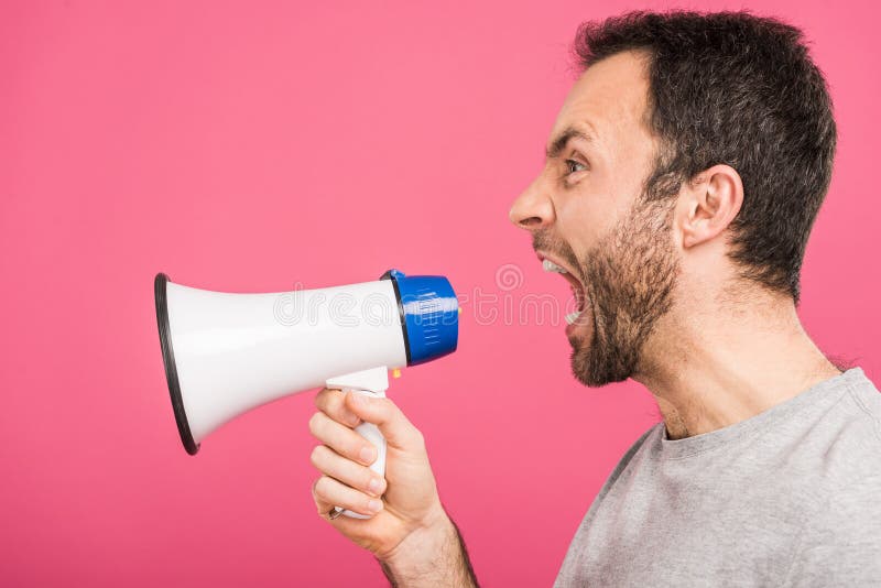 Angry Man Yelling with Megaphone, Isolated Stock Image - Image of adult ...