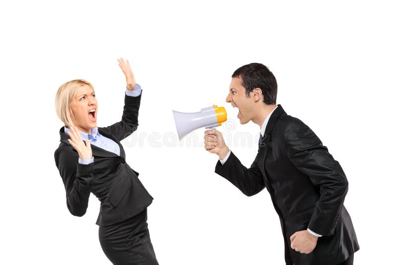 Angry Man Yelling Via Megaphone To a Scared Woma Stock Image - Image of ...