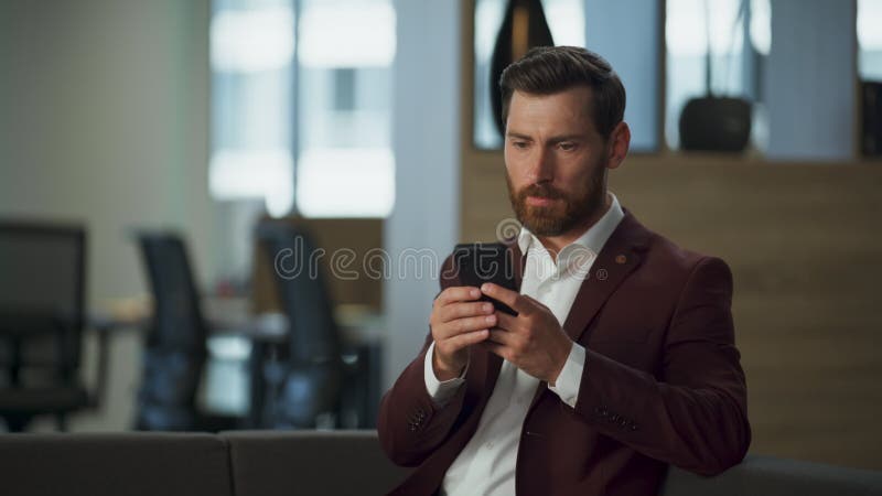 Angry Manager Typing Message in Office Interior Hall Closeup. Important ...