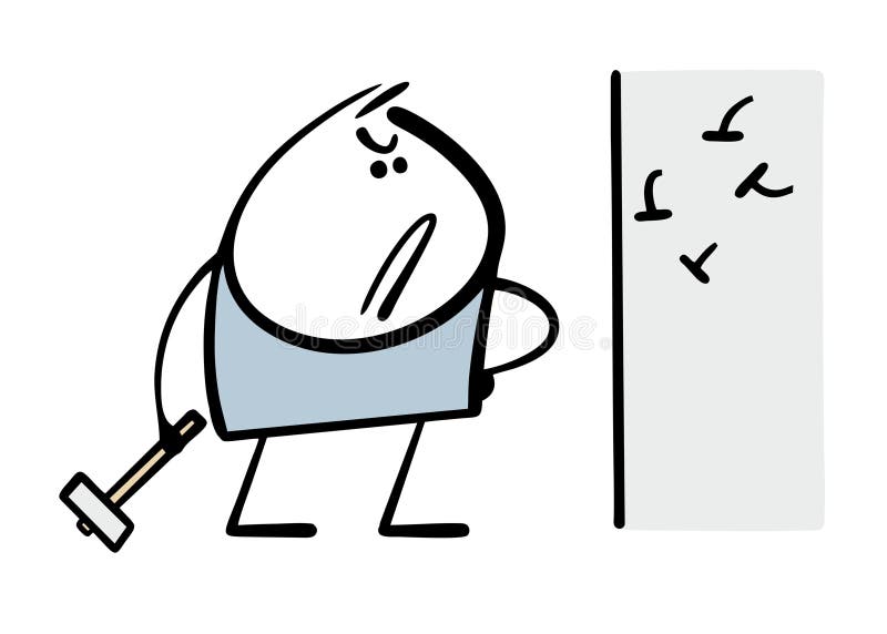 Angry Master Looks at the Wall and Bent Nails. Vector Illustration of ...