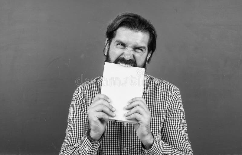 Angry Mature College Man Biting Book, Stress Stock Photo - Image of ...