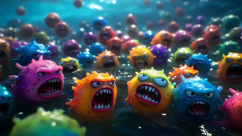 An Angry Mob of Colorful Cartoon Creatures with Teeth on a Vibrant ...