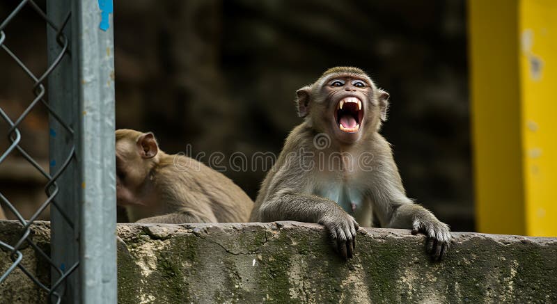 Angry Monkey Showing Teeth in Aggressive Display on Concrete Wall Stock ...