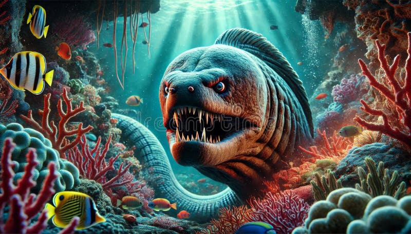 Angry Moray Eel Emerging from Underwater Rocks Surrounded by Corals and ...