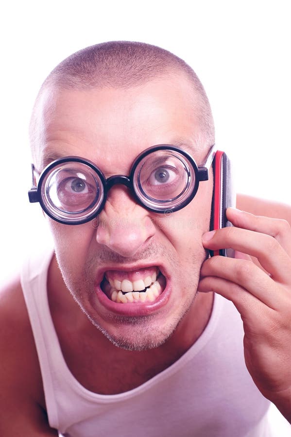 Angry Nerd Talking on a Cell Phone Stock Image - Image of cordless ...
