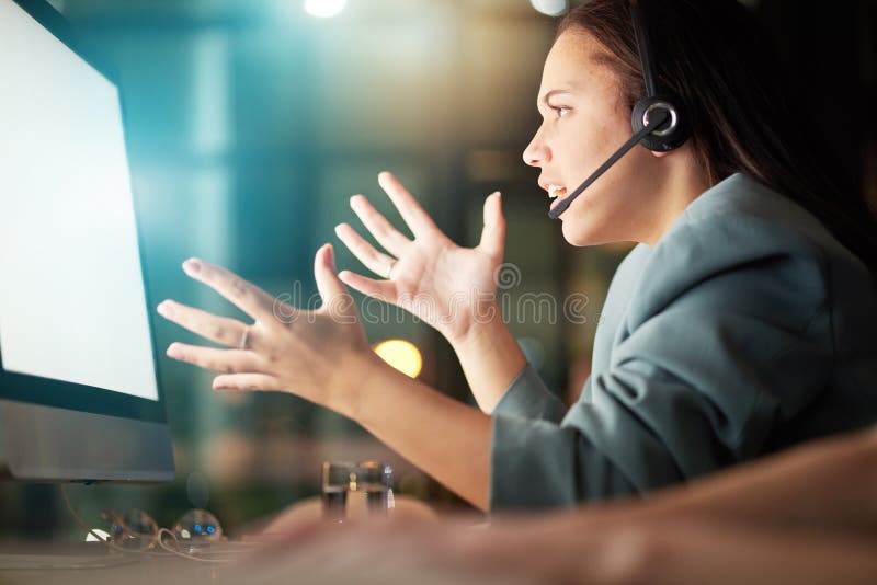 Angry, Night Call Center and Woman on Computer Screen in Global Virtual ...
