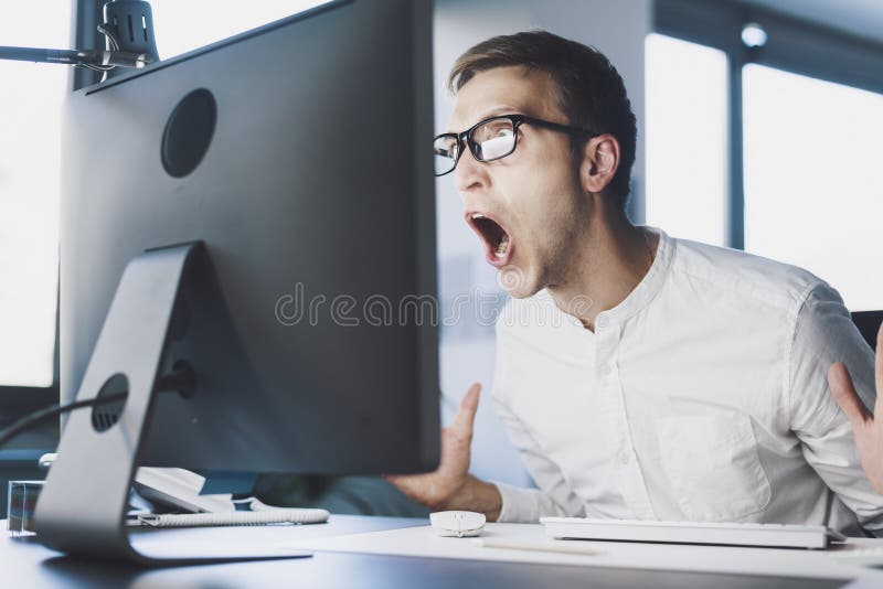 Angry Office Worker Annoyed with Computer Error or Pop Up Ads Smashing ...