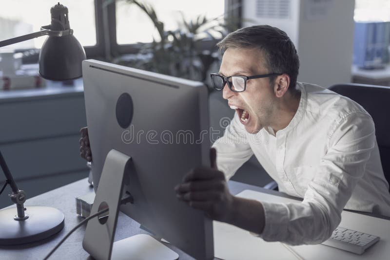 Angry Office Worker Shouting at the Computer Stock Photo - Image of ...