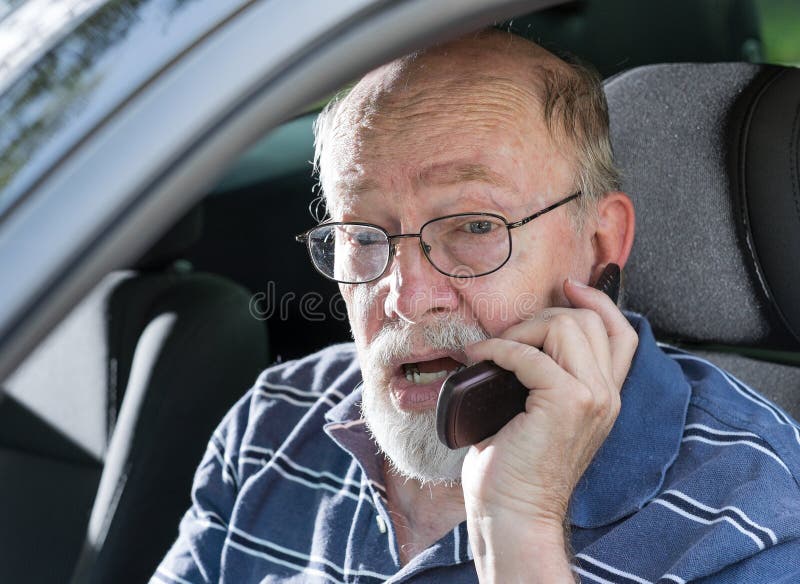 Angry Old Man Yelling on Cell Phone in Car Stock Image - Image of irate ...