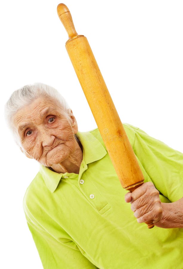 Angry Old Woman Threatening with a Rolling Pin Stock Photo - Image of ...