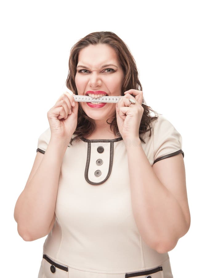 Angry Plus Size Woman Gnawing Centimeter Stock Photo - Image of hunger ...