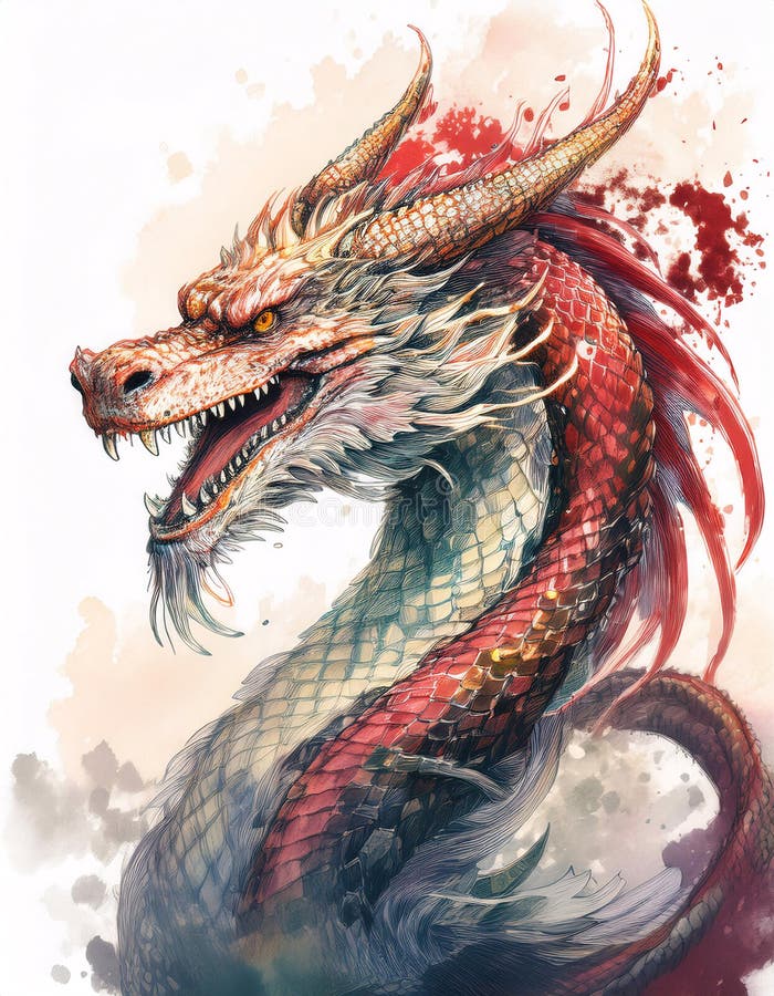 Angry Red Dragon with Sharp Teeth and Horns, Against a Cloudy Sky ...