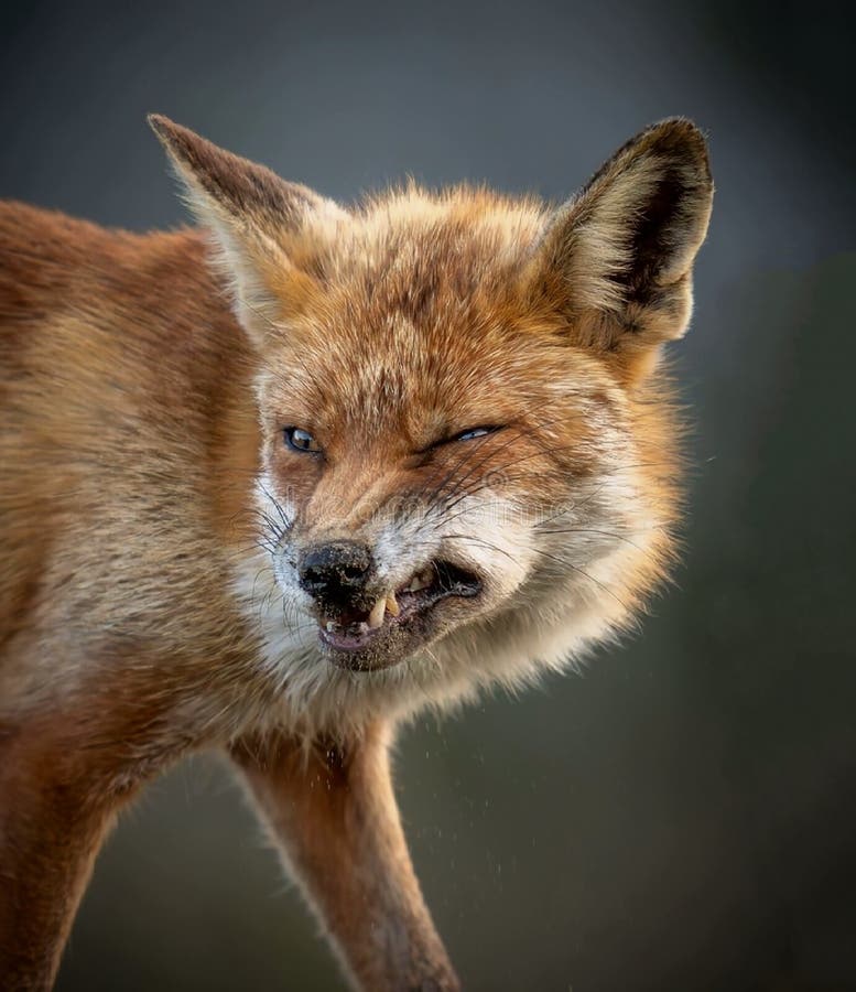 An Angry Red Fox with a Nose Smeared in Sand, without Prey, with a ...