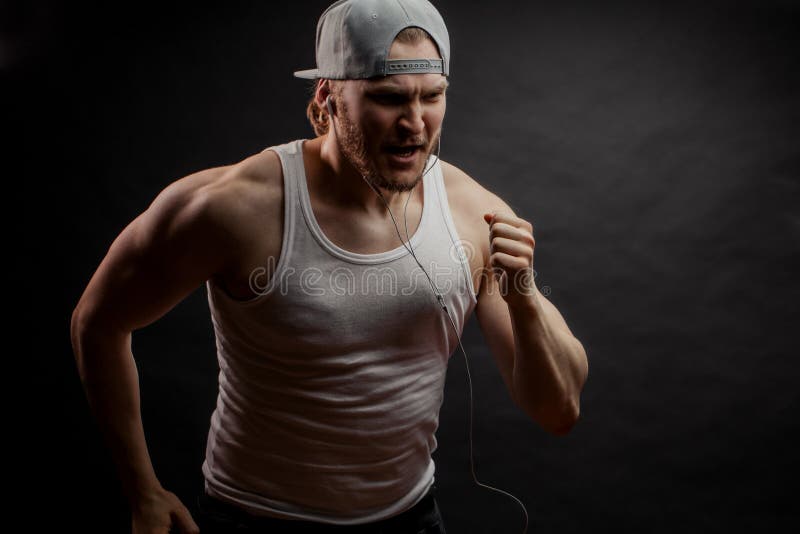 Black and White Photo. Angry Sportsman Showing His Hard Musculars Stock ...