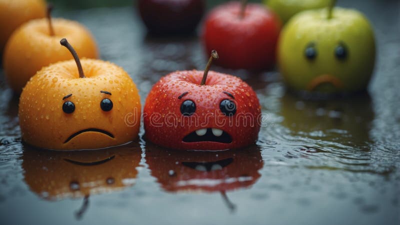 Angry and Sad Fruits with Faces on a Wet Surface. Stock Image - Image ...