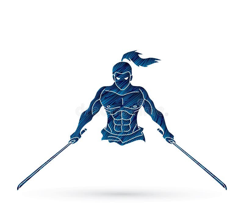 Angry Samurai Standing with Swords Front View Cartoon Graphic Vector ...