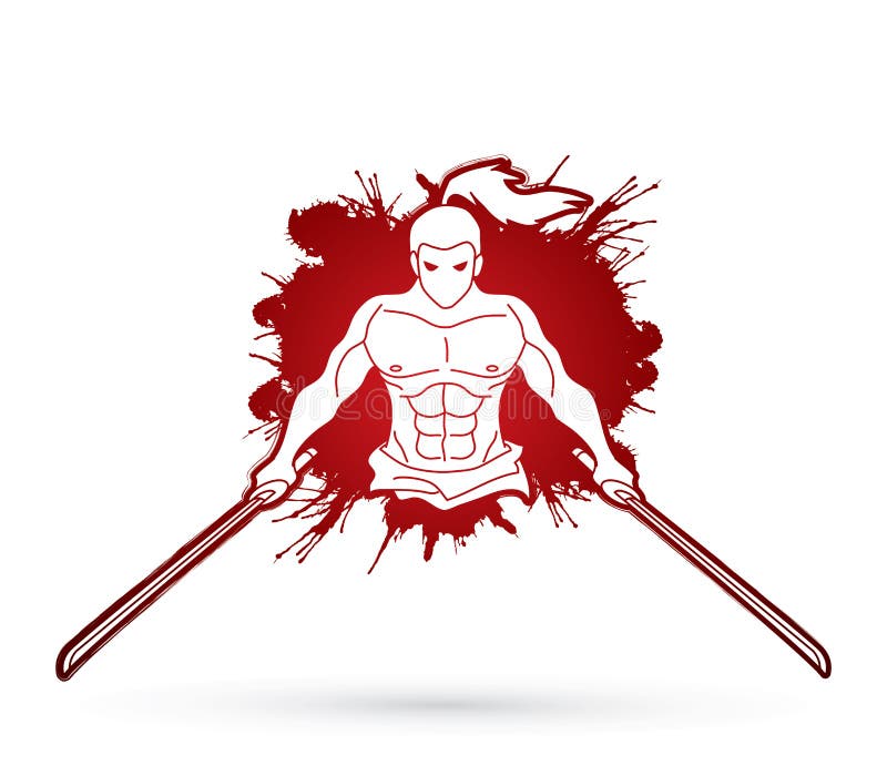 Angry Samurai Standing with Swords Front View Sign Graphic Vector Stock ...