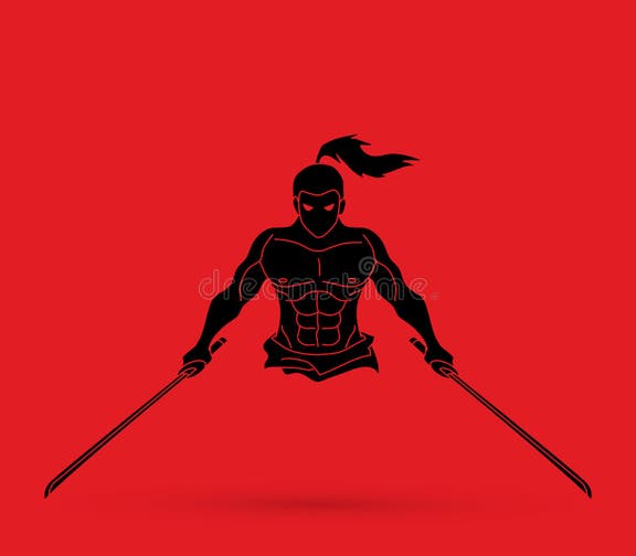 Angry Samurai Standing with Swords Front View Graphic Vector. Stock ...