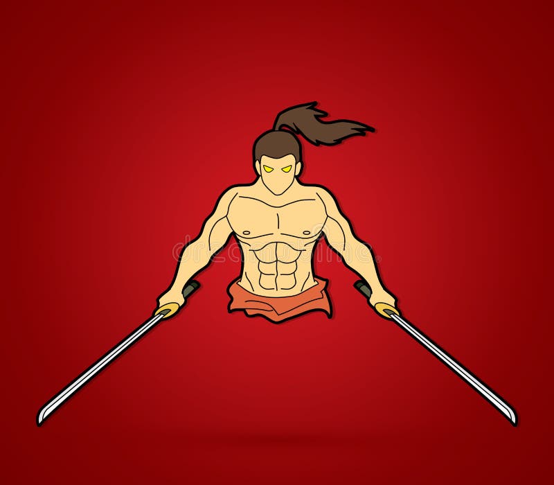 Angry Samurai Standing with Swords Front View Sign Graphic Vector Stock ...