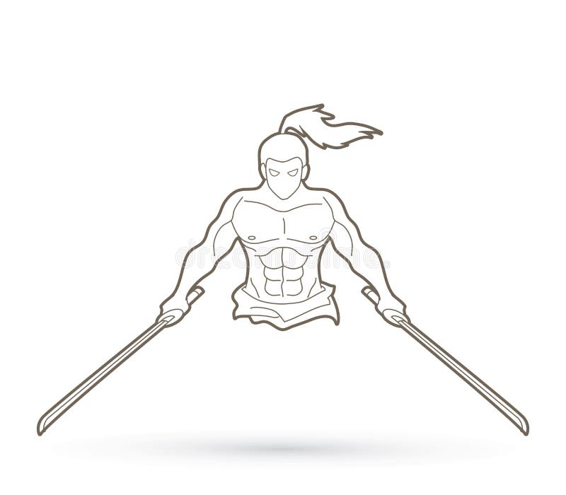 Angry Samurai Standing with Swords Front View Sign Graphic Vector Stock ...