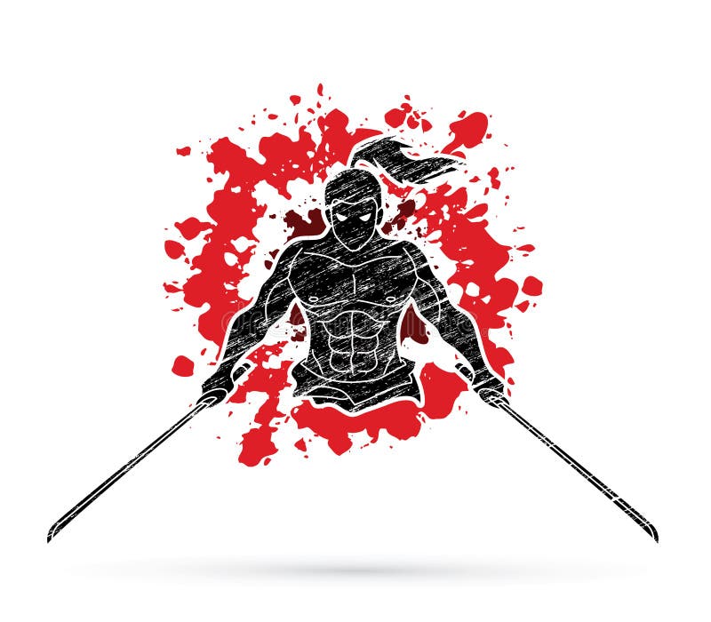 Angry Samurai Standing with Swords Front View Sign Graphic Vector Stock ...