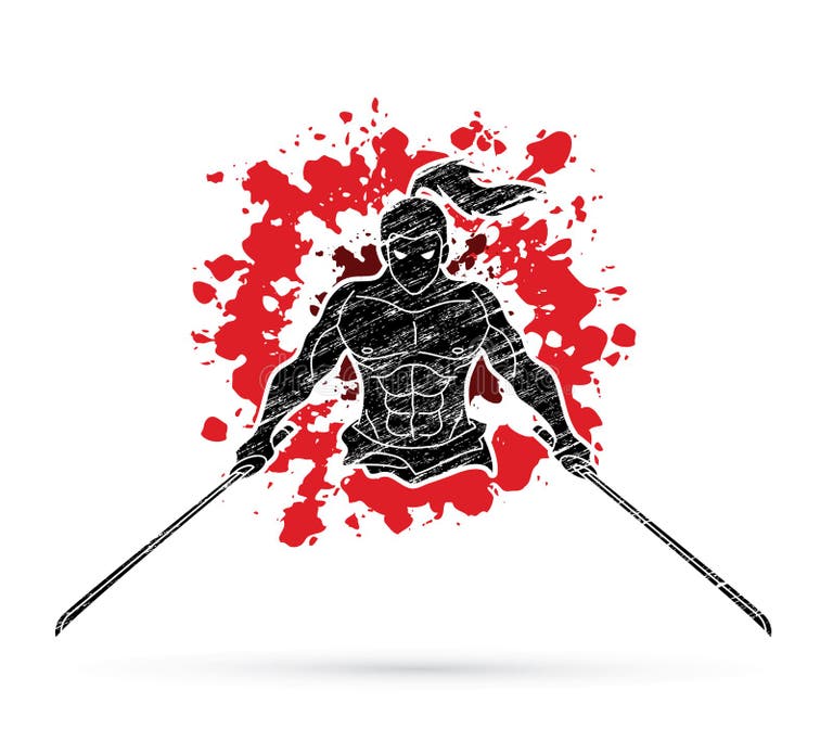 Angry Samurai Standing with Swords Front View Sign Graphic Vector Stock ...