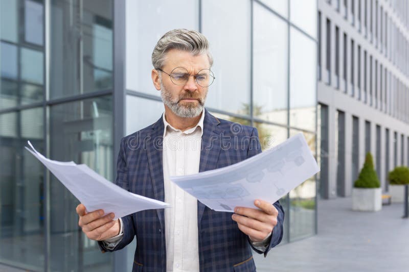 Angry Senior Boss Standing on the Street in Front of the Office ...