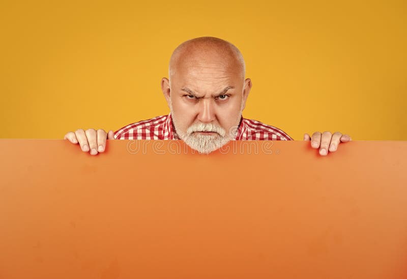 Angry Serious Senior Man with Copy Space on Blank Banner. Advert Stock ...
