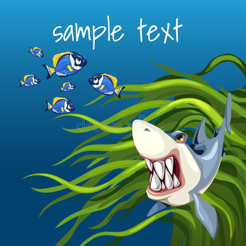 Angry Shark Among Algae And A Set Of Small Fish Stock Vector ...
