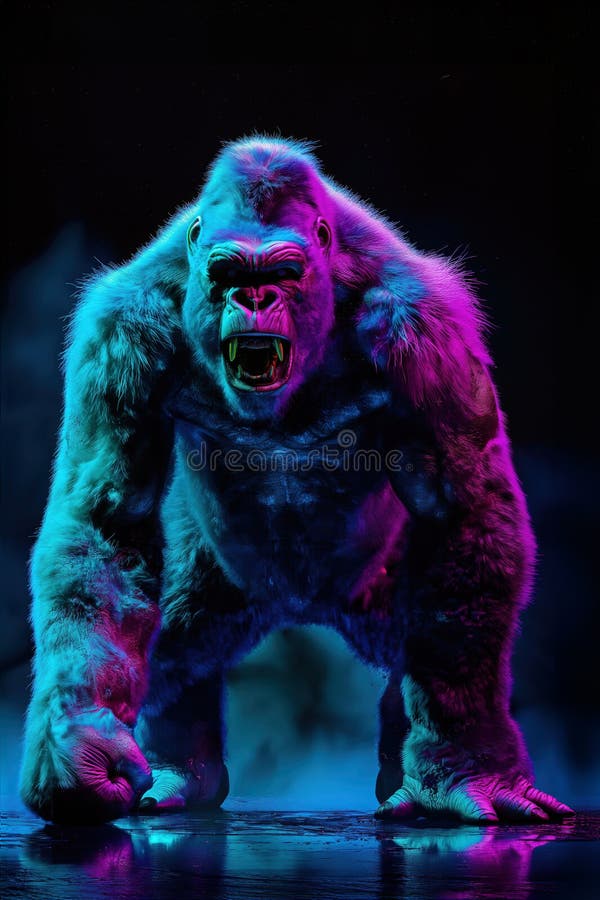 Angry Silverback Gorilla Roaring with Neon Lights Stock Illustration ...