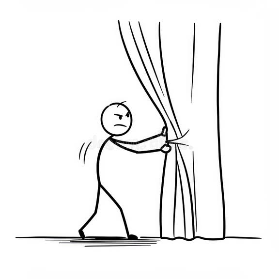 Angry Stick Figure Pulling Back a Curtain with a Determined Expr Stock ...