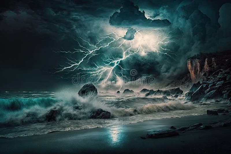 Angry Storm on the Ocean Coast, with Thunder and Lightning Stock ...